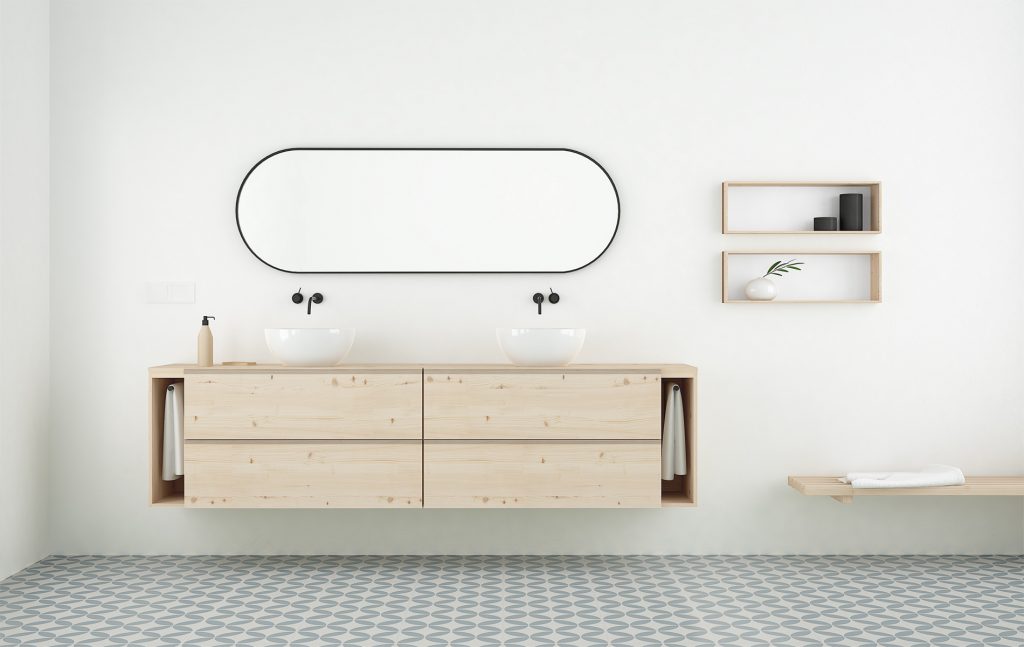 Mueble baño con toalleros extraíbles. Diseño nórdico.